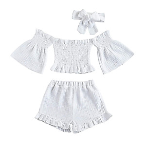 Kids Toddler Baby Girls Off Shoulder Flare Sleeve Tube Crop Top Shirt Ruffle Shorts Headband 3 Piece Summer Outfits (White,3-4T,)