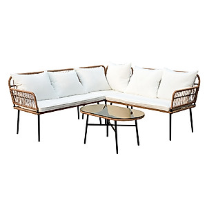 Homsido 4 Pieces Patio Sectional Furniture Chairs Set Boho Water-Resistant Outdoor Indoor Wicker Sectional Sofa Beige Woven PE Rattan Conversation Chat Set with Rect Side Table(White Cushions)