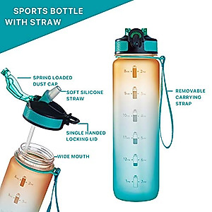 EYQ 32 oz Water Bottle with Time Marker, Carry Strap, Leak-Proof Tritan BPA-Free, Ensure You Drink Enough Water for Fitness, Gym, Camping, Outdoor Sports (Orange/Green Gradient)