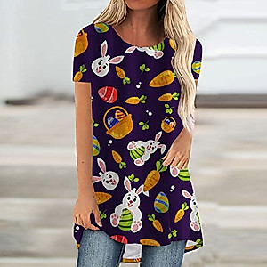 Womens Long Tunics or Tops to Wear with Leggings Happy Easter Shirts Short Sleeve Cute Bunny Rabbit Blouses Loose Pullover