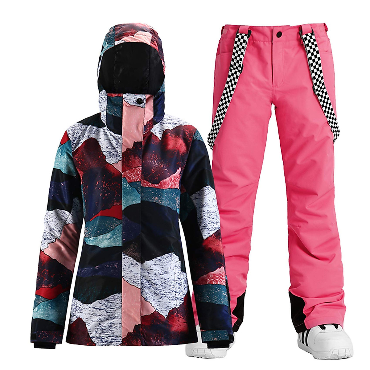 GSOU SNOW Women's Ski Jacket and Pants Snowboarding Snowsuit Coat Insulated Waterproof Windproof,Color Spot Pink L