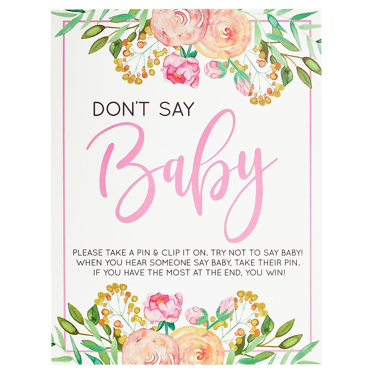 Sparkle and Bash Floral Baby Shower Clothespin Game For Girl, Don't Say Baby Theme with 60 Pink Clothes Pins and 8x10-Inch Sign
