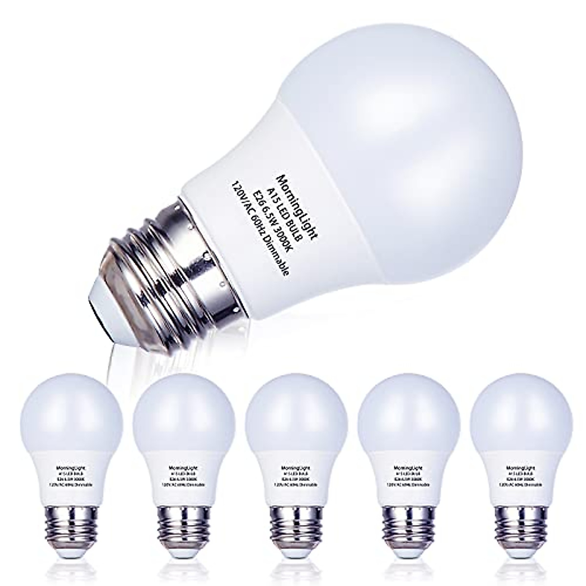 6 Pack A15 LED Bulb, 6.5W Equivalent 60 Watt Dimmable Light Bulb, 3000K Soft White, E26 Base, G45/A15 Shape LED Appliance Bulb for Ceiling Fan, Fixtures, 600LM