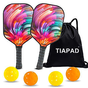TIAPAD Pickleball Paddles Set of 2/4, USAPA Approved Pickleball Rackets Set, Grip Tapes, Pickle Balls Portable Pickleball Bag Fiberglass Lightweight Pickle Ball Paddle (Light Color - 4balls)
