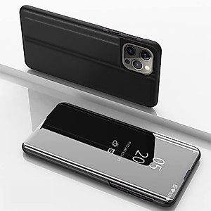 IMEIKONST for iPhone 15 Pro Case 6.1'',PU Mirror Flip Ultra Slim Cover Scratchproof Electroplate Clear View Window with Kickstand Full Body Protective Cover for iPhone 15 Pro,QH Mirror Black