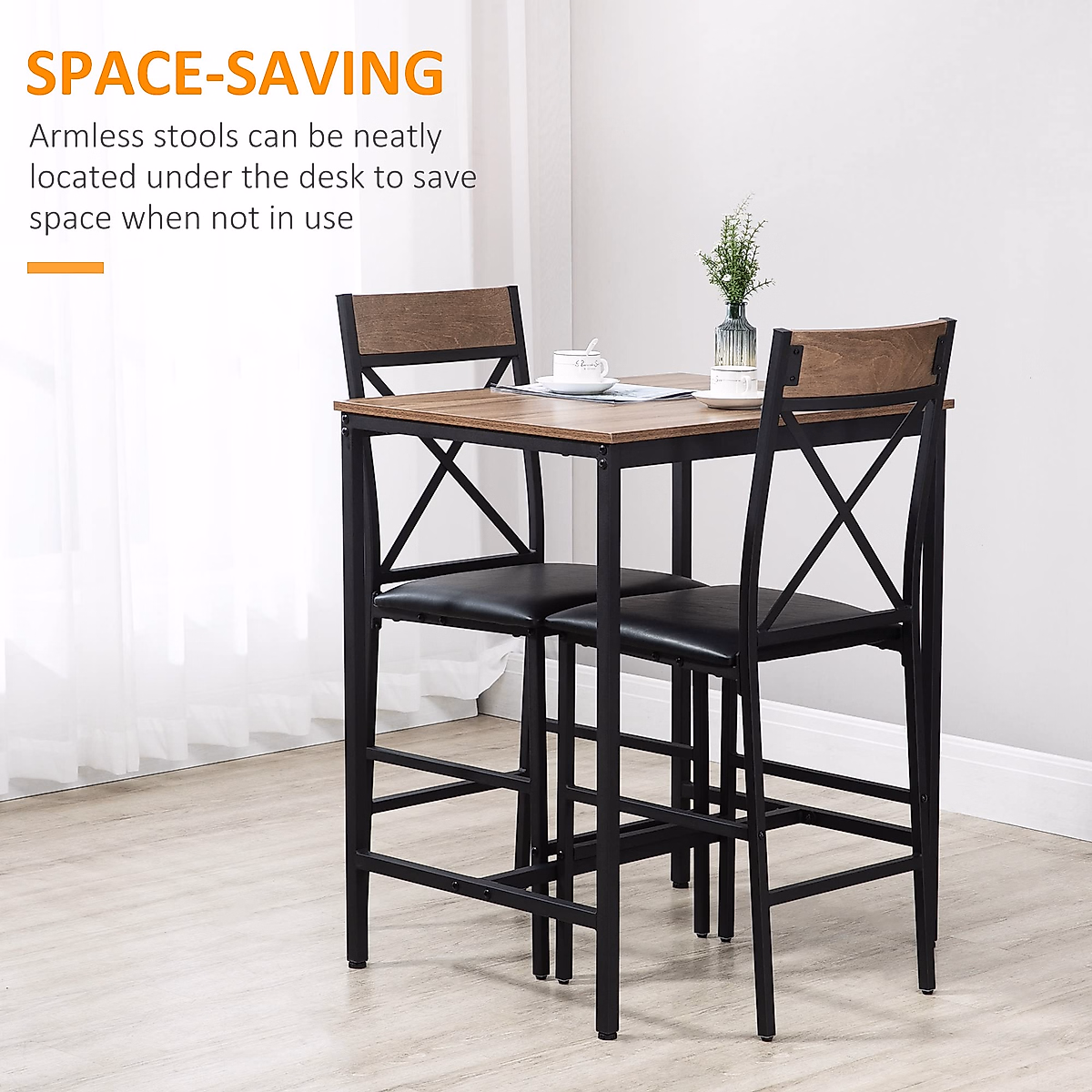HOMCOM 3 Piece Bar Table and Chairs Set, Dining Table Set with PU Padded Stools and Steel Frame for Kitchen, Small Spaces, Brown