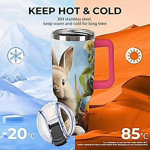 40 Oz Vacuum Tumbler with Light Rose Red Handle Leakproof Insulated Tumbler Easter Rabbit And Easter Eggs Stainless Steel Travel Mug with Lid And Straw Coffee Cup Cute Water Bottles Cup Holder Friendl