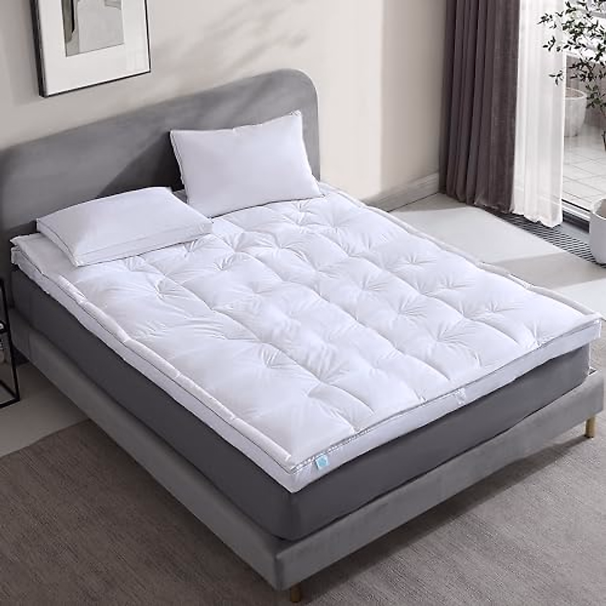 Martha Stewart Mattress Topper King Size - 3 Inch Feather Bed 100% Cotton Cover Fabric- All Seasons Fluffy White Mattress Pad Feather Topper Relieve Back Pain for Bedroom