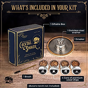 Oak Wolf Whiskey Smoker Kit With 4 Flavors of Wood Chips for Old Fashioned Cocktail Smoker - Stainless Steel Bourbon Smoker Kit Also Includes a Strainer & Brush - Bourbon & Whiskey Enthusiasts