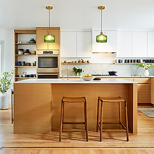 Qufute Green Hanging Light Vintage Modern Pendant Light Fixture with Stripe Green Glass Shade Glass Pendant Lighting Gold Pendant Lamp for Kitchen Island Bedroom Farmhouse