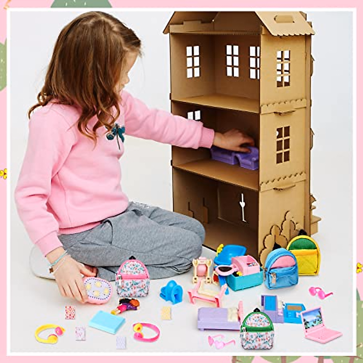 20 Pieces Doll Backpack Set Dollhouse School Accessories Doll Travel Supplies Include Mini Laptop Scene Simulation Backpack Bag with Zipper Mini Headsets Toy Sunglasses Book for 1/12 1/6 Scale