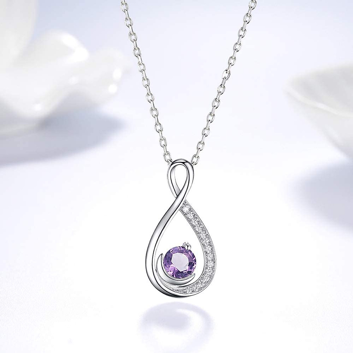 Natural Amethyst Gemstone Necklace for Wife Birthday Gifts Mom Forever Love Infinity Moon Sterling Silver Jewelry for Her