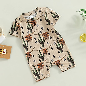 Muasaaluxi Western Baby Girl Boy Clothes Short Sleeve Cow Print Romper One Piece Bodysuit Shorts Summer Outfit (Khaki, 3-6 Months)