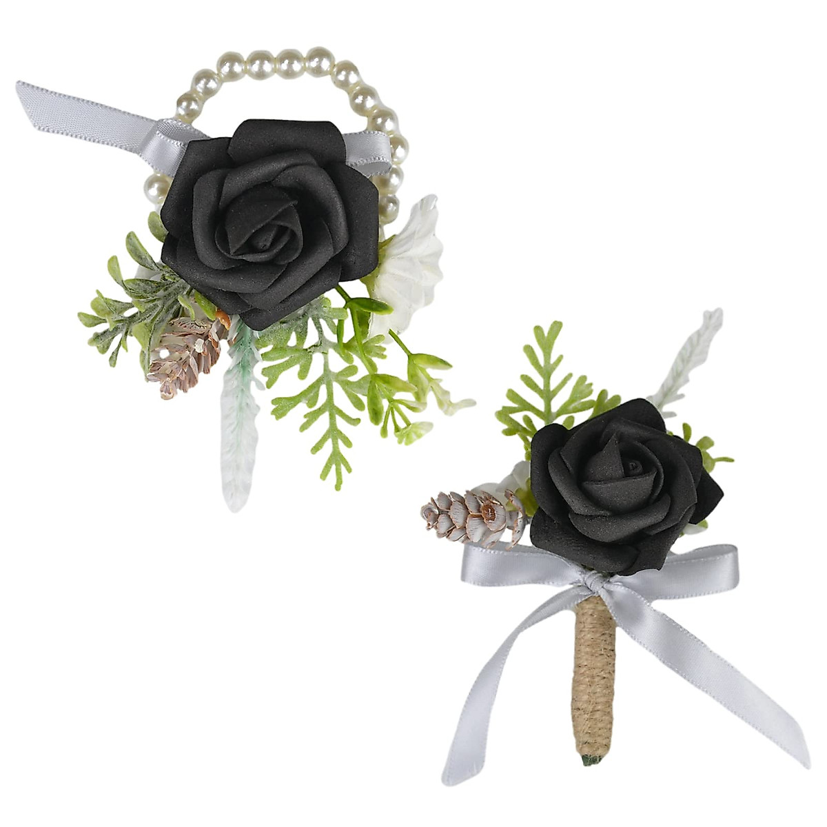 Maizoon Handmade Black Art Rose Flower, Silk Flower Ribbon Flower Corsage, Art Event, Holiday Celebration, Special Large Event, Prom Flower Party Men Suit Accessories. (2pcs Black Boutonniere)