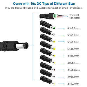 SHNITPWR 15V DC Power Supply 15V 2A 30W AC Adapter 15 Volt DC Power Cord AC 100~240V to DC 15Volt 2amp Power Adapter Charger with 10 Tips 5.5x2.5mm 5.5x2.1mm 5.5x3.0mm 3.5x1.35mm 4.8x1.7mm