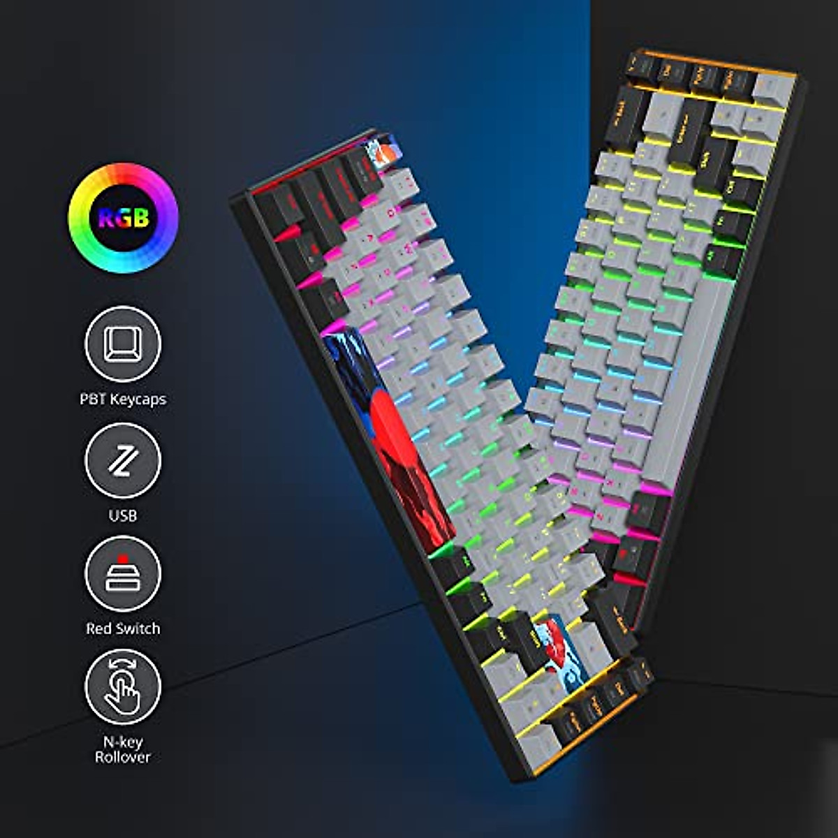 Mosptnspg Protable 60% Percent Gaming Keyboard Mechanical, Mini Compact RGB Backlit 68 Keys Wired Office Keyboard with red Switch for Mac/Win/PC/ps4/ps5/xbox(Dolch/red Switch 68)