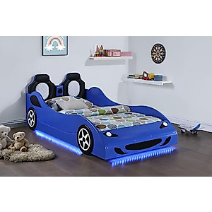 Coaster Home Furnishings Cruiser Contemporary Leatherette Upholstered Twin Size LED Car Bed Frame Platform Bed 33-inch Headboard Blue 400478