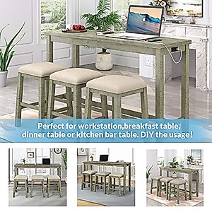 Quarte 4-Piece Counter Height Bar Table Set, Multipurpose Dining Room Set with Fabric Padded Stools and Socket,Wood Rustic Dining Set