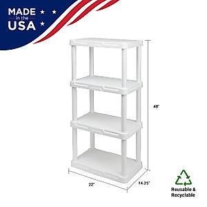 BLACK+DECKER, White, 4-Tier Light Duty Storage Shelf, 50lbs/Shelf (47”H x 22.1”W x 14.3”D), Plastic Shelving Unit, Made in The USA