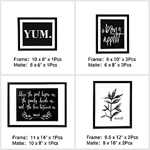 ArtbyHannah Black and White Dining Room Wall Art Decor Set of 7 with Gallery Wall Frames and Decorative Art Prints for Kitchen Wall Decoration, Multi-Size 12x16, 9.5x12, 8x9.5