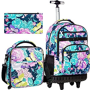 Rolling Backpack for Girls, 21 Inch Water Resistant Flowers Butterfly Bookbag with Roller Wheels, Elementary Wheeled Backpacks for Teens Students School Travel