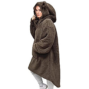 Furry fluffy women Blanket Hoodie Rabbit or Bear Fashion Animal Wearable Blankets Hoodies Sweater Blanket Sweatshirt Soft Cozy Oversized Warm Fleece sherpa Blanket Jacket (coffee bear)