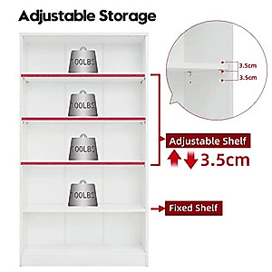 Wood Bookcase 5-Shelf Freestanding Display Wooden Bookshelf for Home Office School (11.6" D*33" W*59.8" H,White)