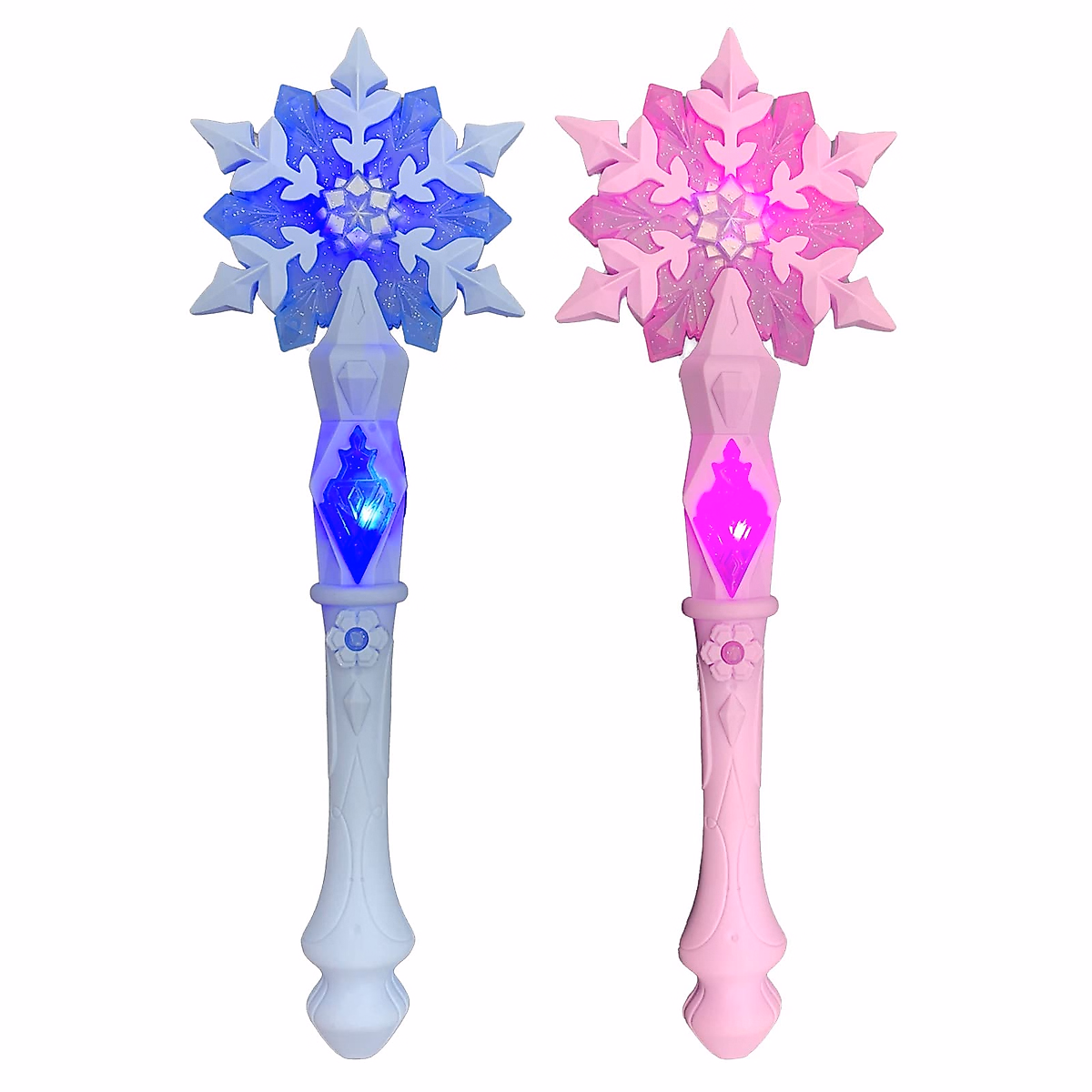 Light Up Frozen Snowflake Wand with Sound, Magic Wand for Kids Girls Princess Birthday Party (Motion Sensitive) Costume Accessories 2 Pieces (Pink Blue)