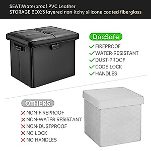 DocSafe Storage Ottoman with Lock,Fireproof Folding Ottoman Foot Rest Stool Storage Chest with Storage Safe for Important Documents,Waterproof 17 Inches Short Ottoman Foot Stool with Hanldes,Black