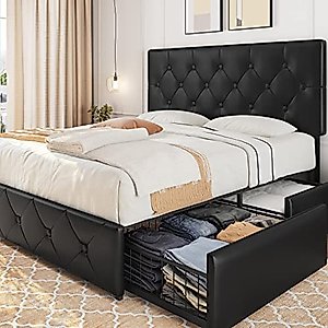 Yaheetech Queen Size Upholstered Bed Frame with 4 Drawers and Adjustable Headboard, Faux Leather Platform Bed with Mattress Foundation Strong Wooden Slats Support, No Box Spring Needed, Black