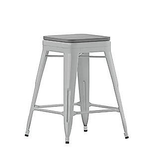 Flash Furniture Cierra 4 Pack Commercial Indoor Counter Height Stools - Silver Galvanized Steel Frame - Gray All-Weather Poly Resin Seat - 24" High - Backless