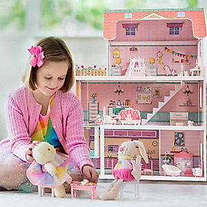 ROBUD Wooden Dollhouse with Elevator 20pcs Furniture 3-Storey Preschool Toy Dollhouse for Kids Girls