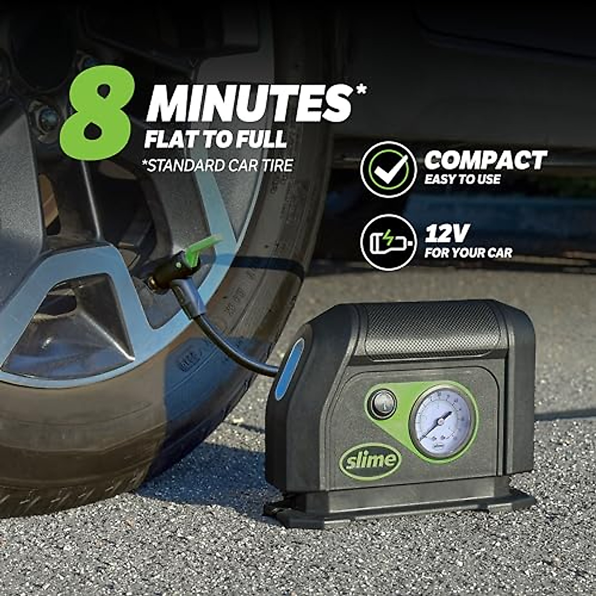 Slime 40050 Tire Inflator, Portable Car Air Compressor, with Analog 100 psi Dial Gauge, Long Hose and LED Light, 12V, 8 min Inflation