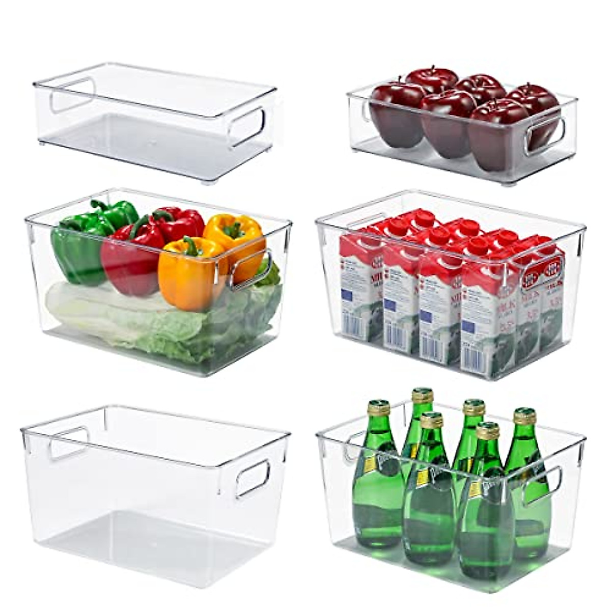 Set of 6 Refrigerator Organizers Bins - Clear Plastic Storage Bins Pantry Bins with Handles, for Freezers/Kitchen Countertops/Cabinets(4 Large and 2 Medium) (6)