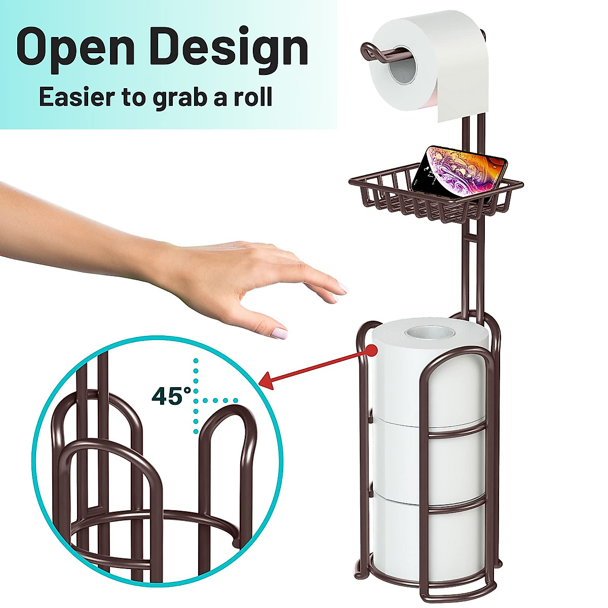 Toilet Paper Holder Stand with Reserve and Dispenser for 4 Mega Roll, Bathroom Freestanding Toilet Tissue Storage with Shelf for Wipes and Phone, Bronze