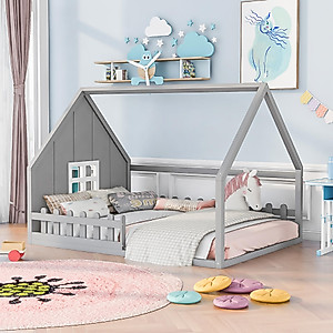 House Bed Full Size, Wood Floor Bed for Kids, Montessori Bed with Railings and Slats for Boys Girls, Low to Ground Height, No Box Spring Needed, Gray