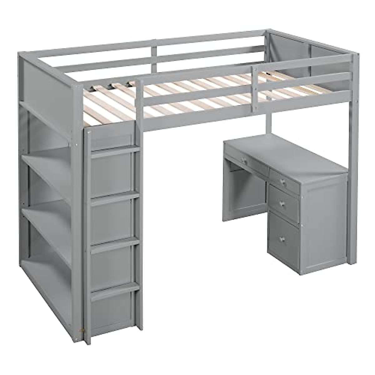 DEYOBED Twin Size Wooden Loft Bed Frame with Desk, Storage Drawers, Open Shelves, and Ladder - Maximizing Bedroom Space with Practical Furniture for Kids and Teens