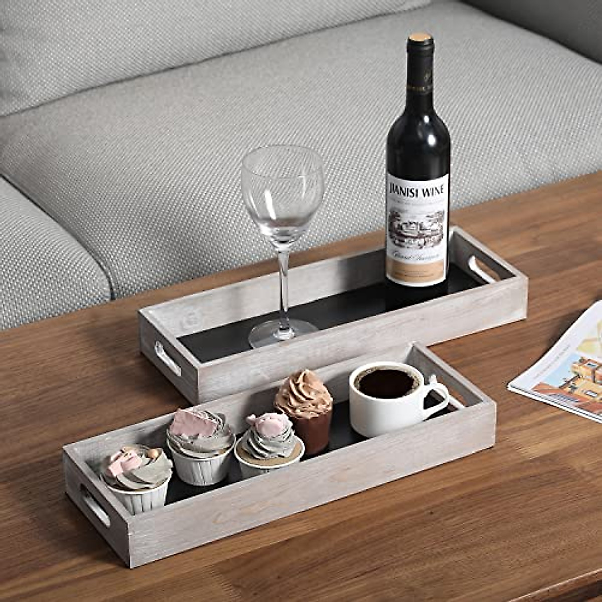 MyGift Rustic Gray Decorative Tray with Chalkboard Base Surface, Serving Tray with Cutout Handles, 16 x 6 Inch, Set of 2