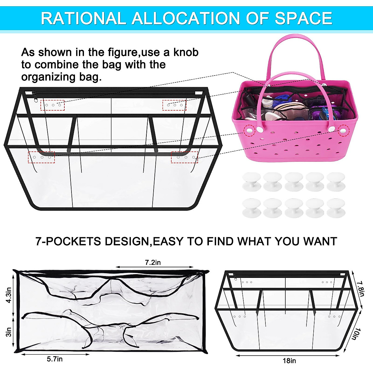 Fayayuan Clear Beach Bag Organizer Compatible with Original Bogg Bag X Large Size, Insert Divider Pouch Zipper for Bags Accessories,7 Pockets, Transparent & Black