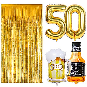 50th Birthday Decorations for Men, 50th Birthday Decorations for Men, Black and Gold 50th Birthday Decorations with 40Inch Gold 50 Number Balloons, Birthday Banner, Latex Balloon, Fringe Curtains and Foil Balloons (50th)