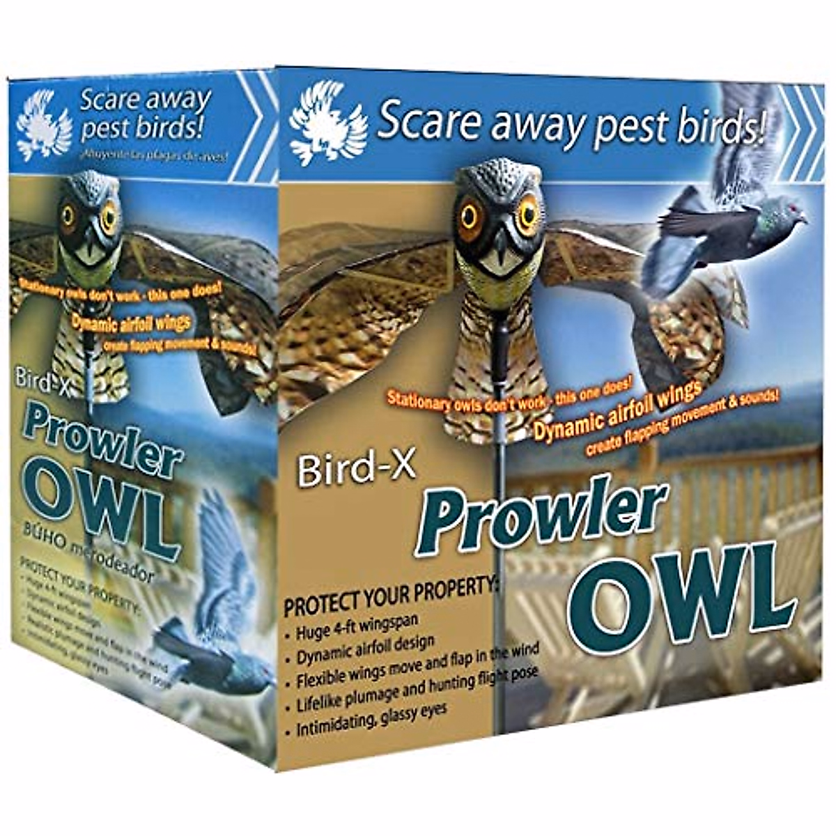 Bird-X Prowler Fake Owl Moving Wings-Realistic Bird Scare, Hawk, Pigeon, and Squirrel Repellent, Pest Deterrent Decoy Black Small