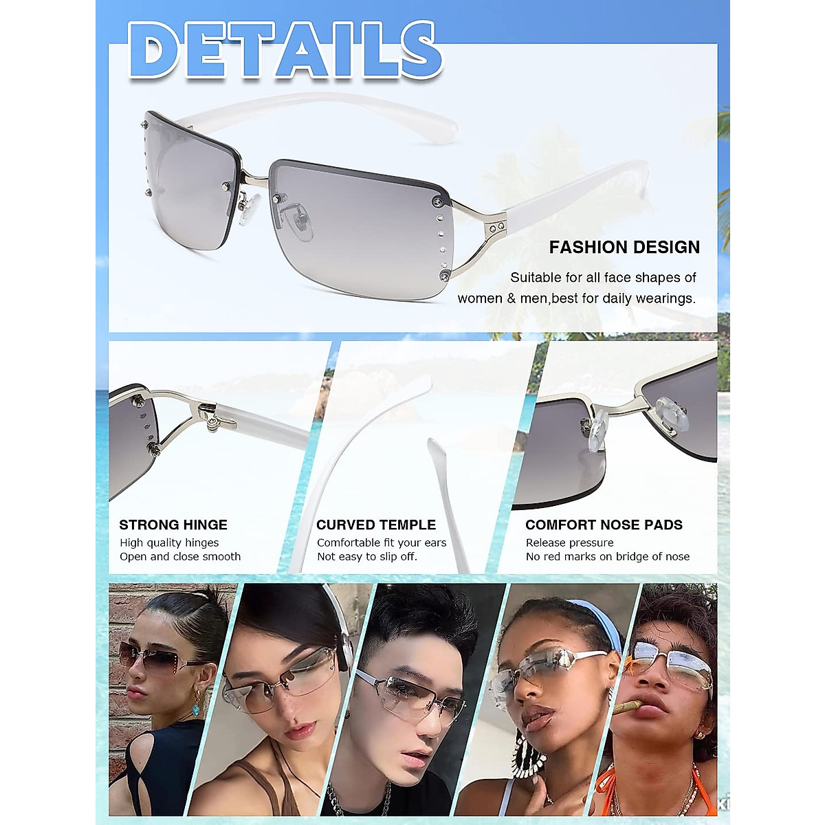MASDUN Stylish Rimless Frameless Rectangle Sunglasses for Womens Surrounded designer trendy men (White Frame White Silver Lens/Brown Frame Brown Lens)