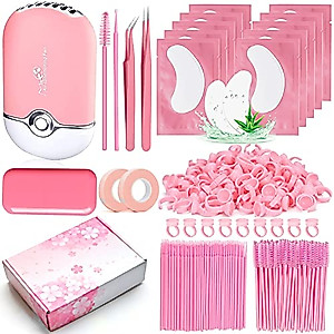 Eyelash Extension Supplies Kit for Professionals 1 Mini Fan Lash Dryer,Lash Extension Silicone Pad,2 Tweezers,Tapes,10 Under Eye Gel Pads,50 Mascara Brush,100 Micro Applicator,100 Glue Ring (Pink B)
