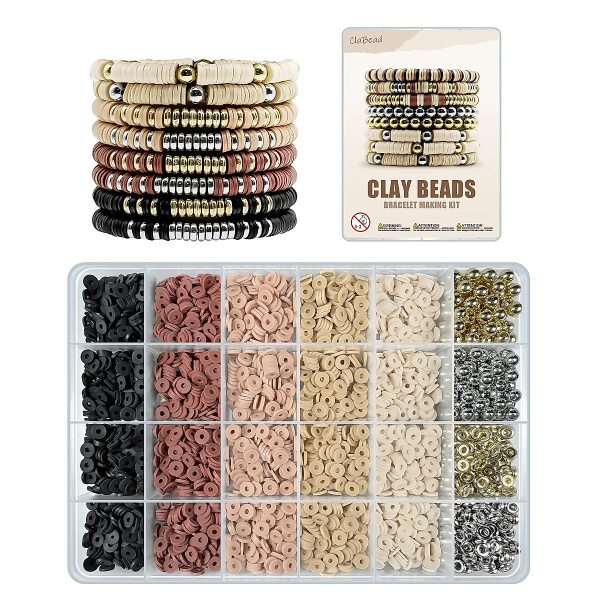 ClaBead Bracelet Making Kit 3200Pcs, Clay Beads Bracelet Kit with Gold Beads and Sliver Beads, Swift Friendship Beads Bracelet Kit for Bracelets Making (Earth Tone)