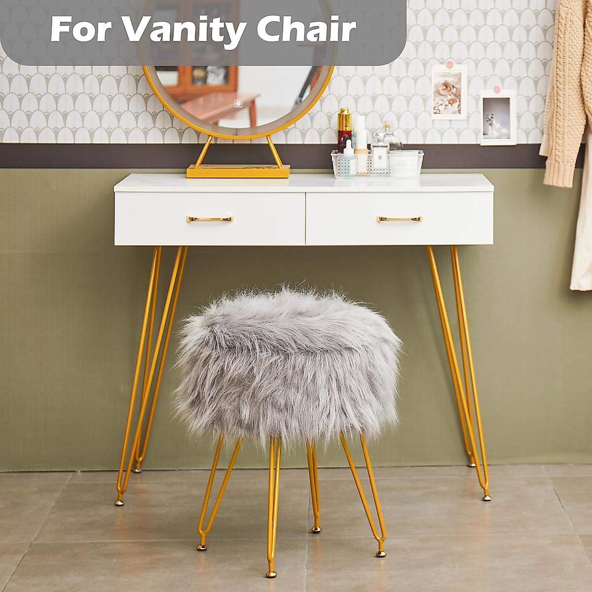 Alessing Grey Vanity Stool Chair with Storage, Faux Fur Storage Ottoman Furry Makeup Stool, Fuzzy Footrest Footstools with 4 Metal Legs & Wood Grain Pallet for Living Room Bedroom Entryway