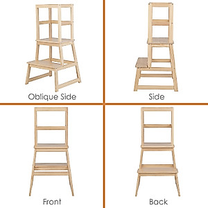 HONEY JOY Kids Kitchen Step Stool with Safety Rail, Wooden Montessori Standing Tower for Counter Bathroom Sink, Non-Slip Mat, Children Learning Stepping Stool for Toddlers 18+ Month