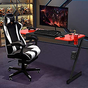 POWERSTONE Gaming Desk - Computer Desk 47" with Cup Holder Audio Stands Headphone Hook and 2 Cable Management Holes Large Gamer Workstation for Kids Adults, Z-Shaped, Red
