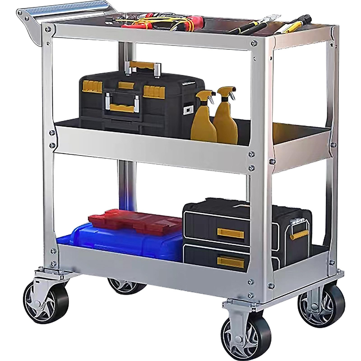 3-Tier Stainless Steel Utility Cart, 1100 lbs Heavy Duty Service Cart with Wheels, Rolling Tool Cart on Wheels, Work Cart for Mechanic, Garage, Workshop, Warehouse, 18.1" D x 30.7" W x 36.2" H