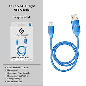 FLOATING GRIP LED USB C Charging Cable, 0.5M/1.5FT 3A Light Up Type c Fast Charging Cable with Data Sync, Compatible with PlayStation, Xbox & More (Blue)