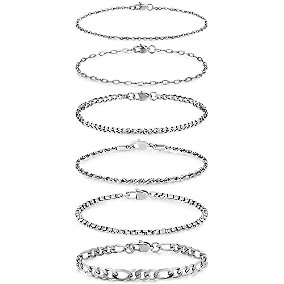 Honsny 6PCS Stainless Steel Bracelets for Women Men,14K Gold Plated Cuban Link Paperclip Chain Bracelet Dainty 6.3/7/7.8/9.5 Inch Stainless Steel Bracelet Set Fashion Jewelry